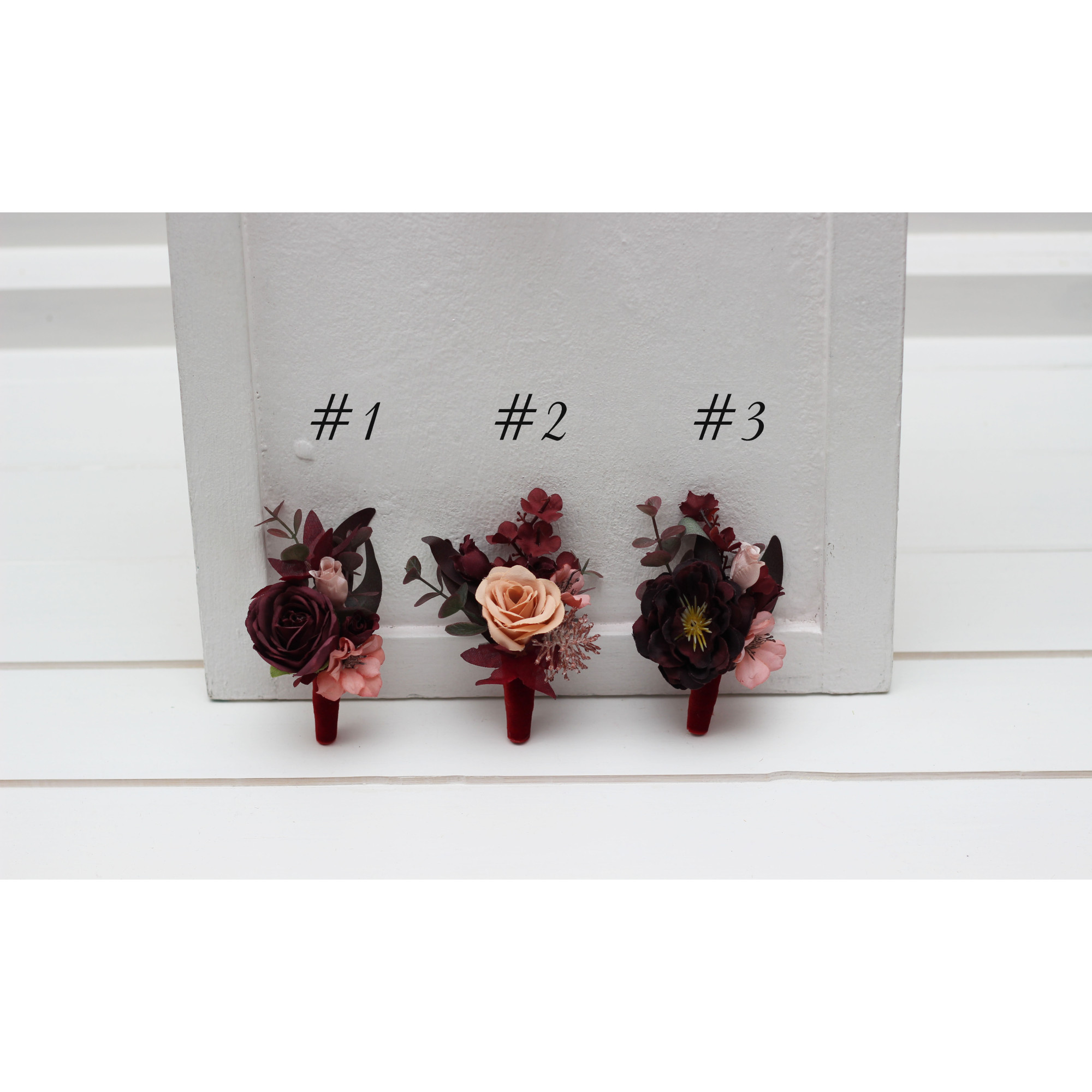 Burgundy & Dusty Rose Wedding Boutonnieres – Faux Flower Wrist Corsage ...