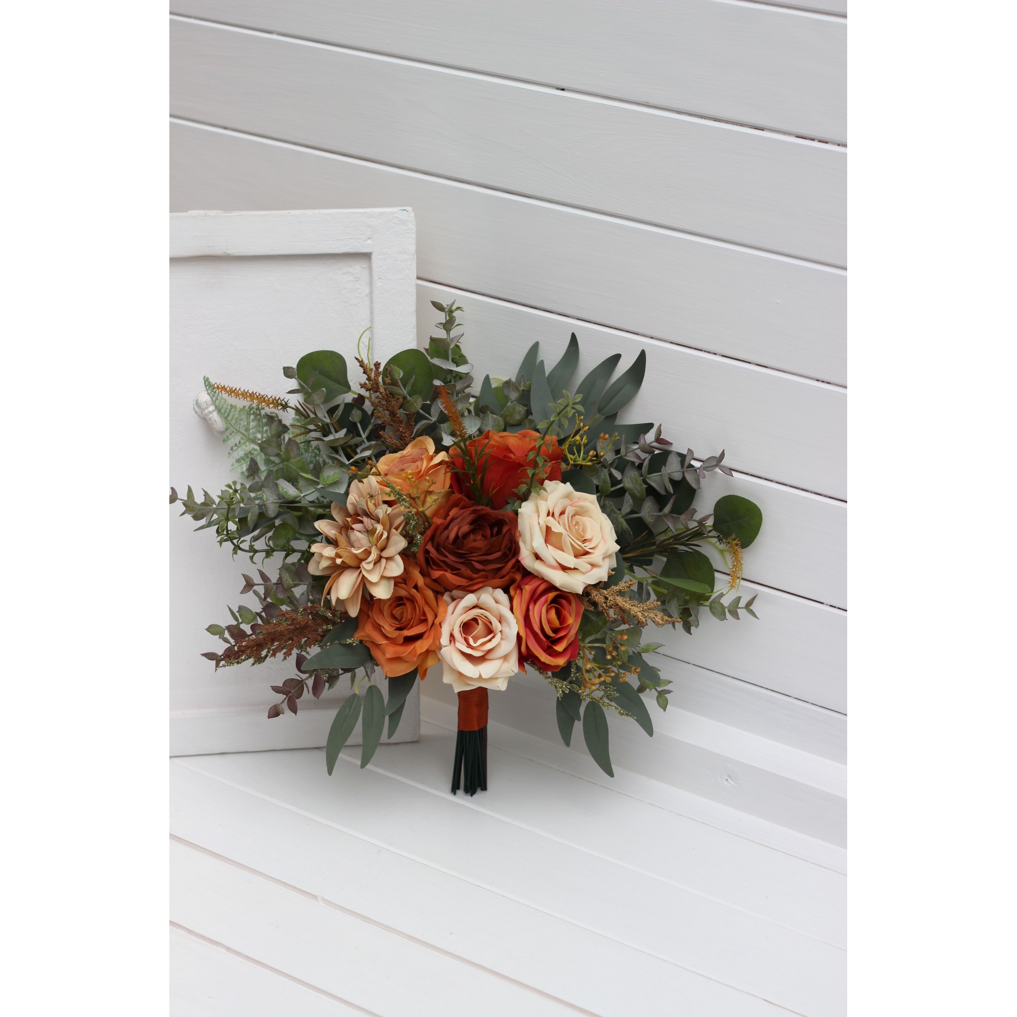 Rust & Gold Bridal Bouquet with Dahlias & Roses – Faux Wedding Flowers ...
