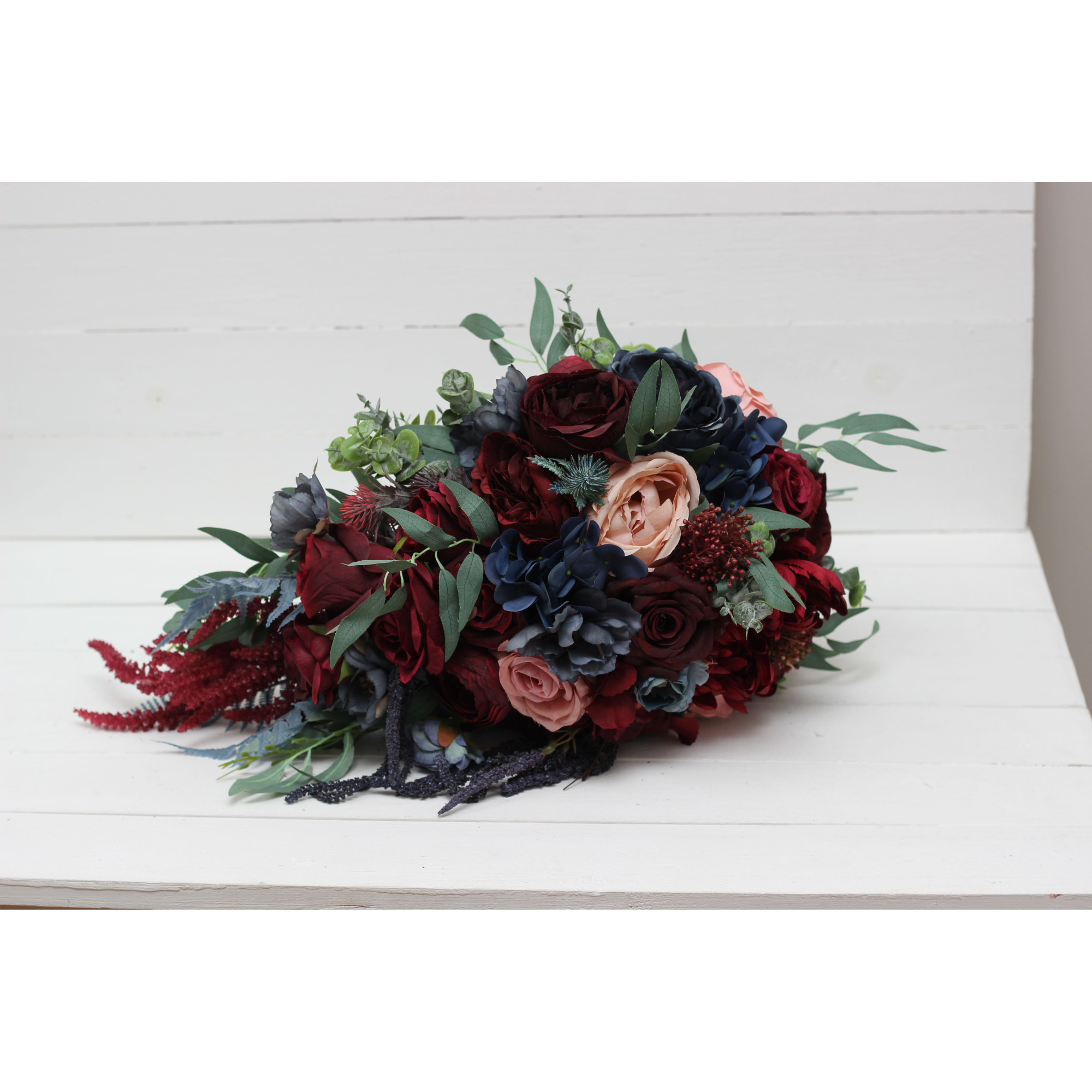 Burgundy & Navy Blue Wedding Bouquets – Cascading Bridal & Bridesmaid ...
