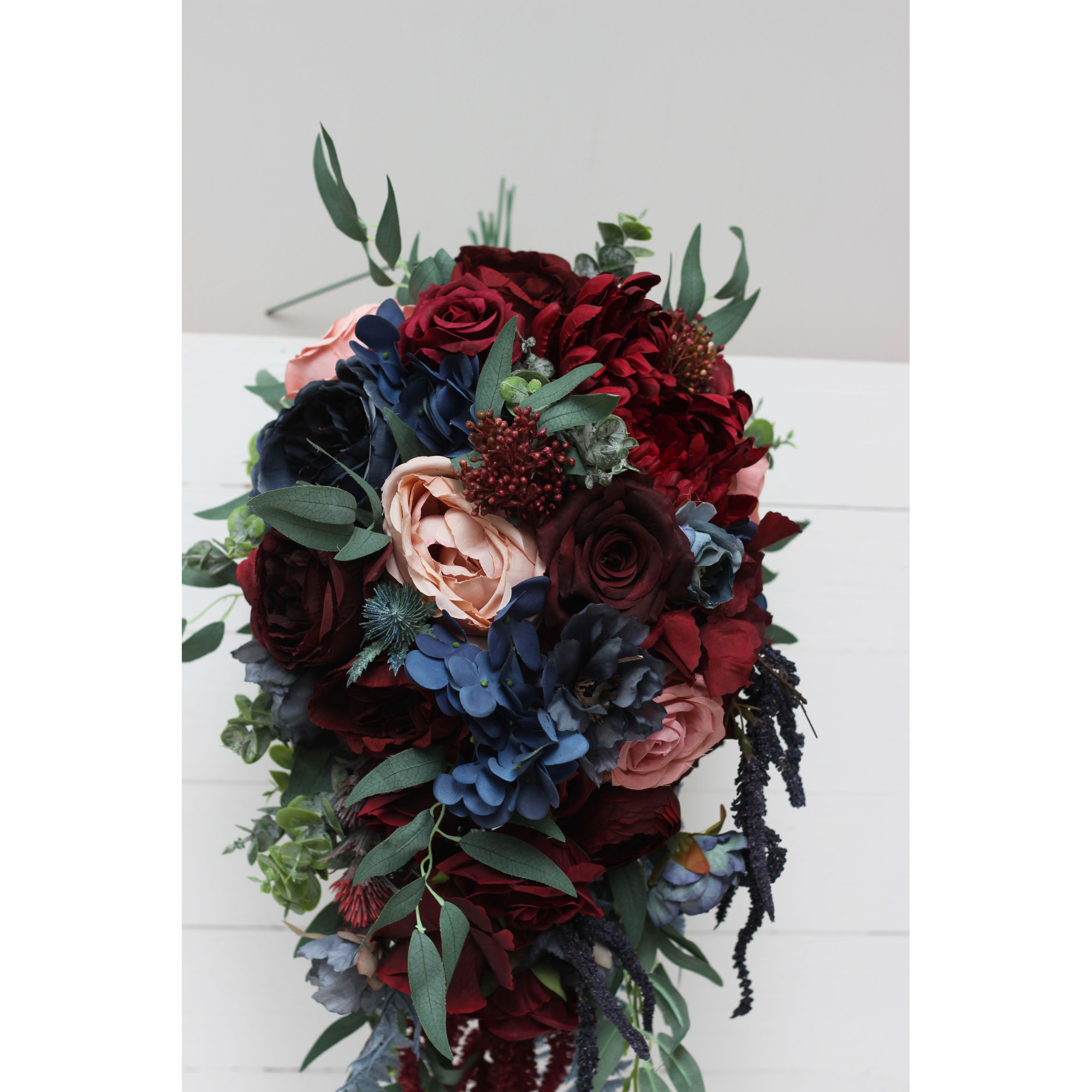 Burgundy & Navy Blue Wedding Bouquets – Cascading Bridal & Bridesmaid ...