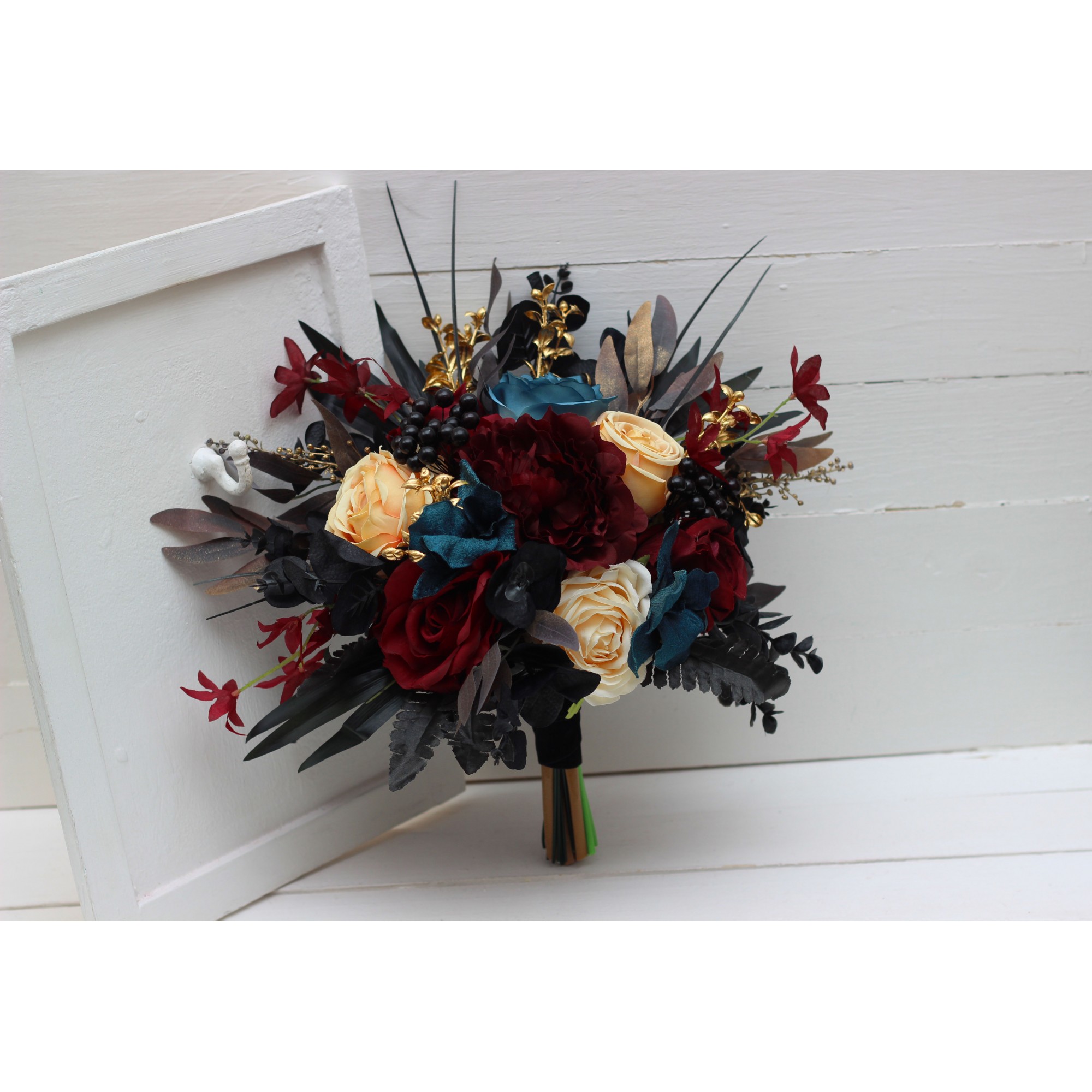 Dark Teal & Burgundy Cascading Bouquets – Faux Flowers for Moody Fall ...