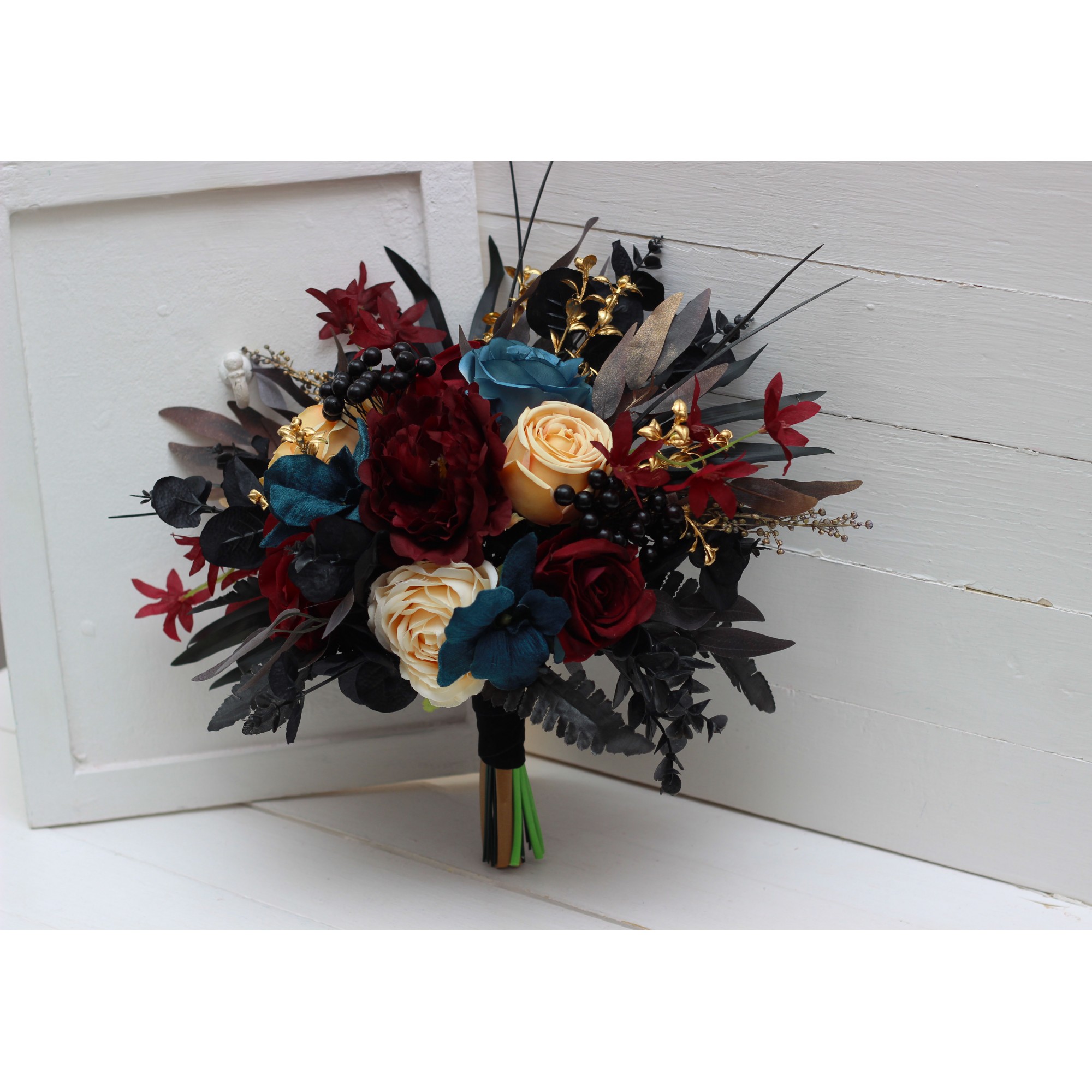Dark Teal & Burgundy Cascading Bouquets – Faux Flowers for Moody Fall ...