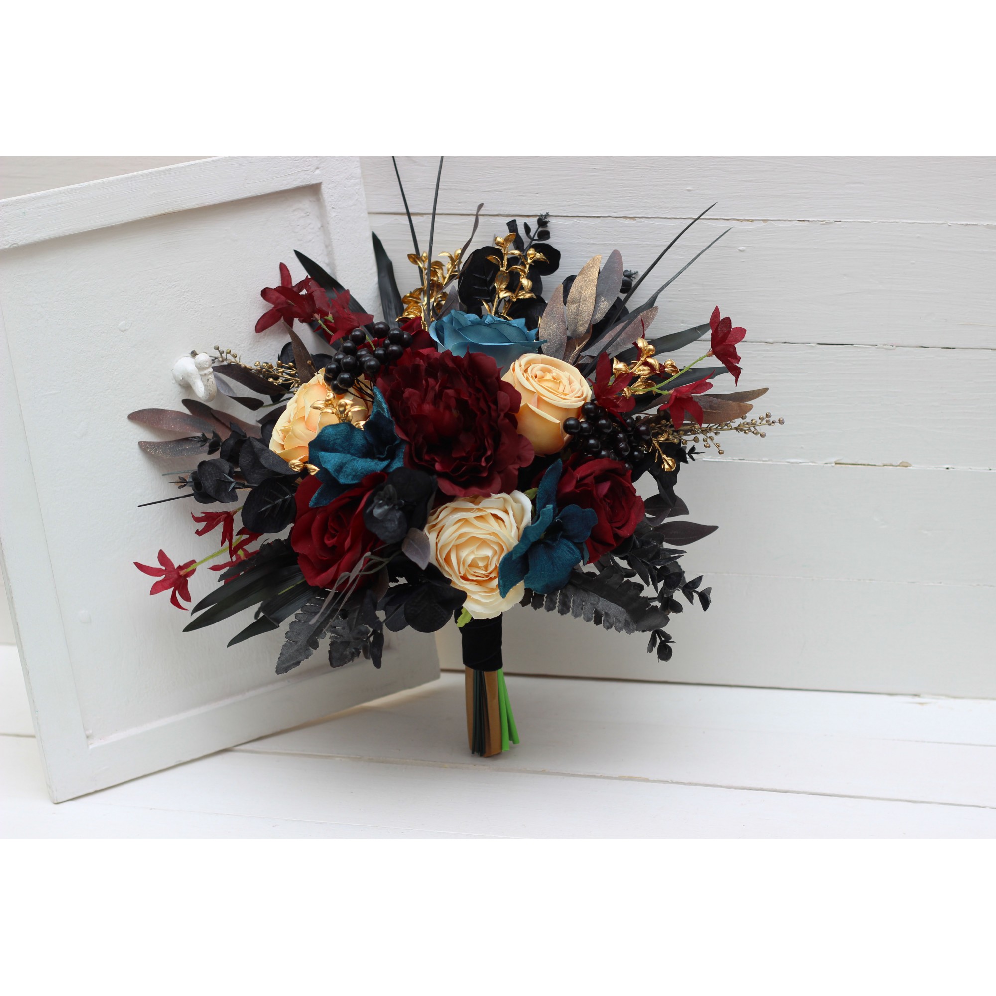 Dark Teal & Burgundy Cascading Bouquets – Faux Flowers for Moody Fall ...
