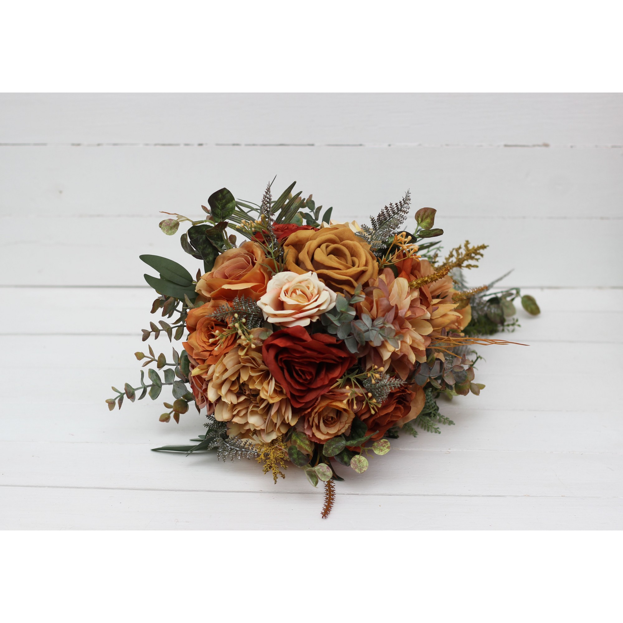 Rust & Gold Bridal Bouquet with Dahlias & Roses – Faux Wedding Flowers ...