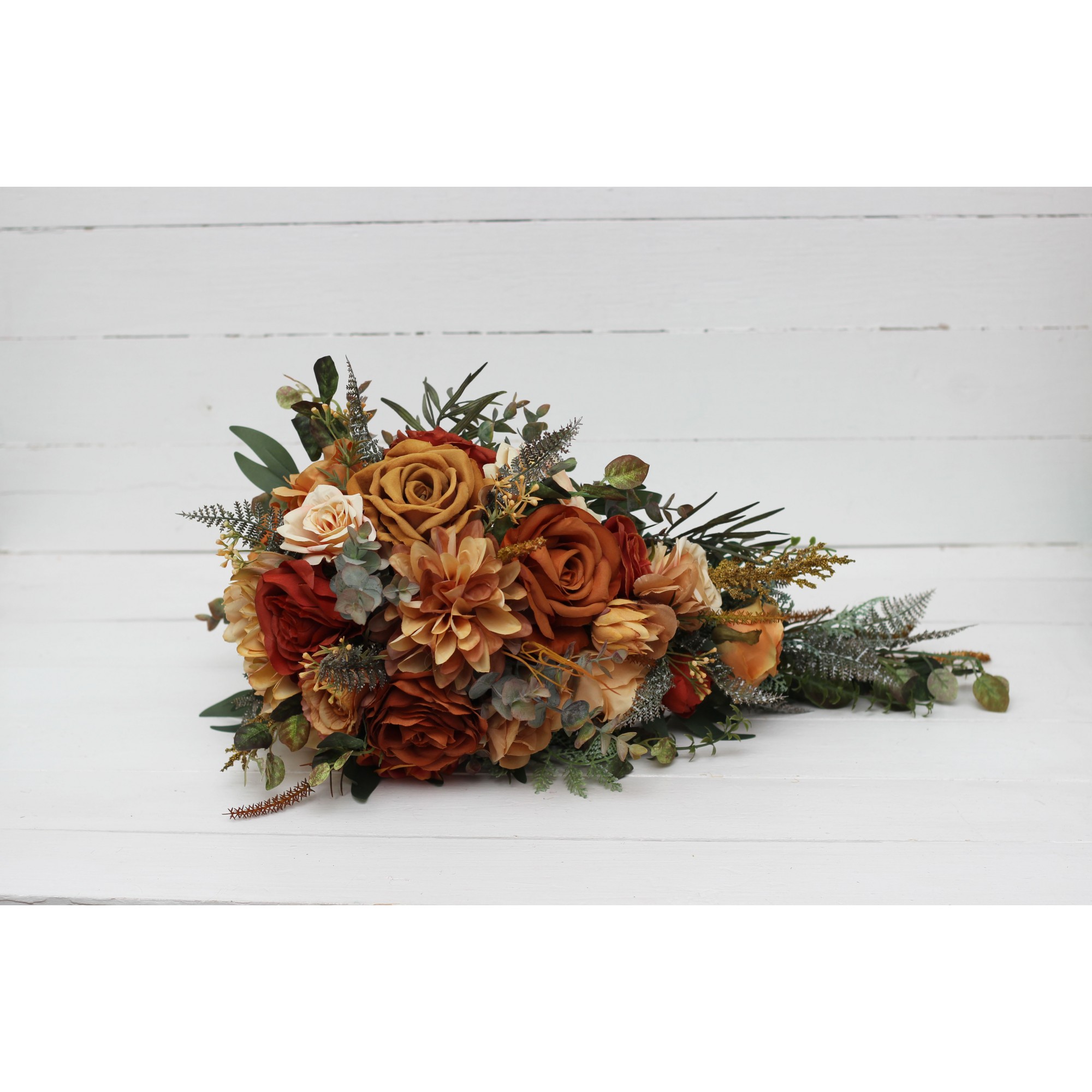 Rust & Gold Bridal Bouquet with Dahlias & Roses – Faux Wedding Flowers ...