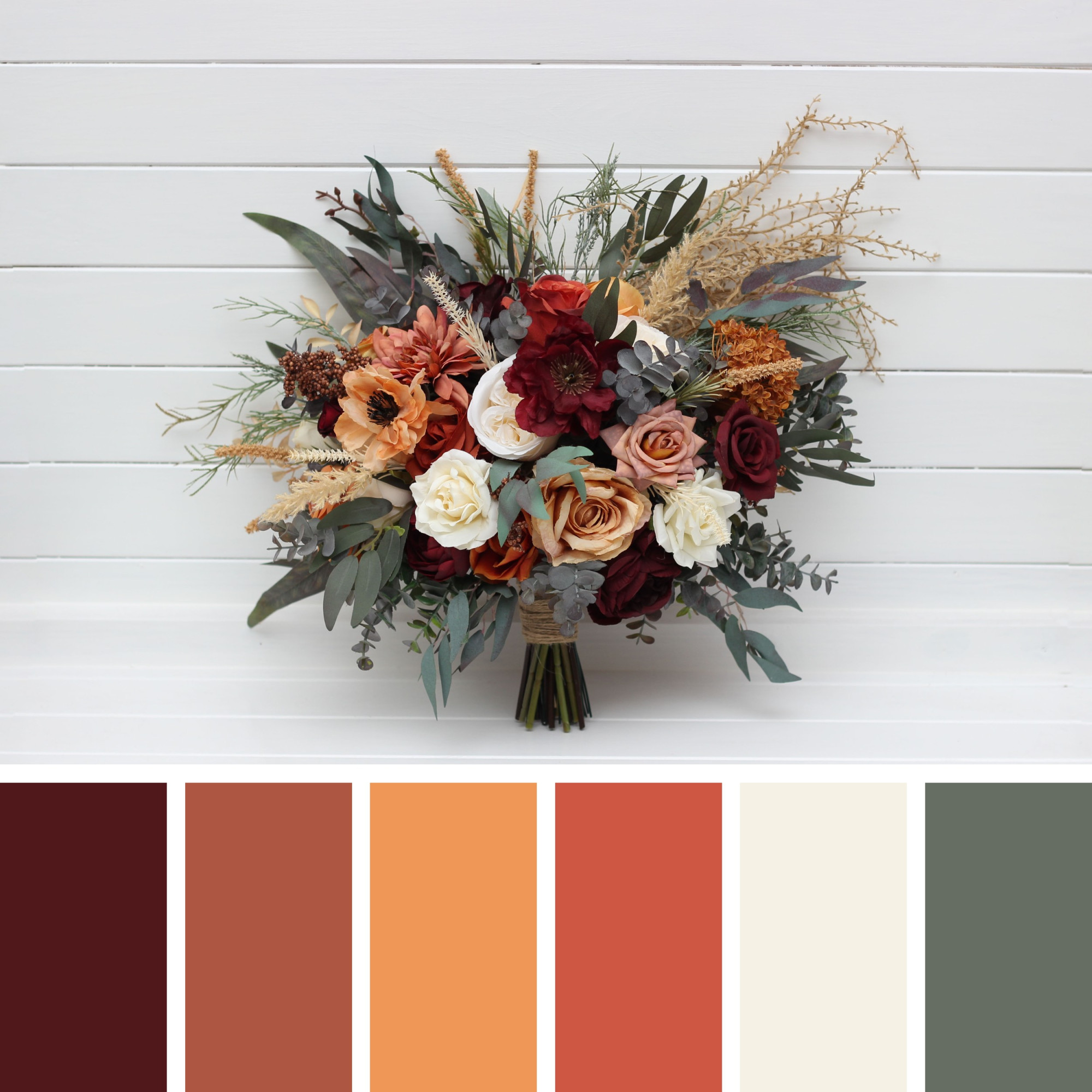 Rust & Burgundy Bridal Bouquet – Faux Wedding Flowers in Ivory ...