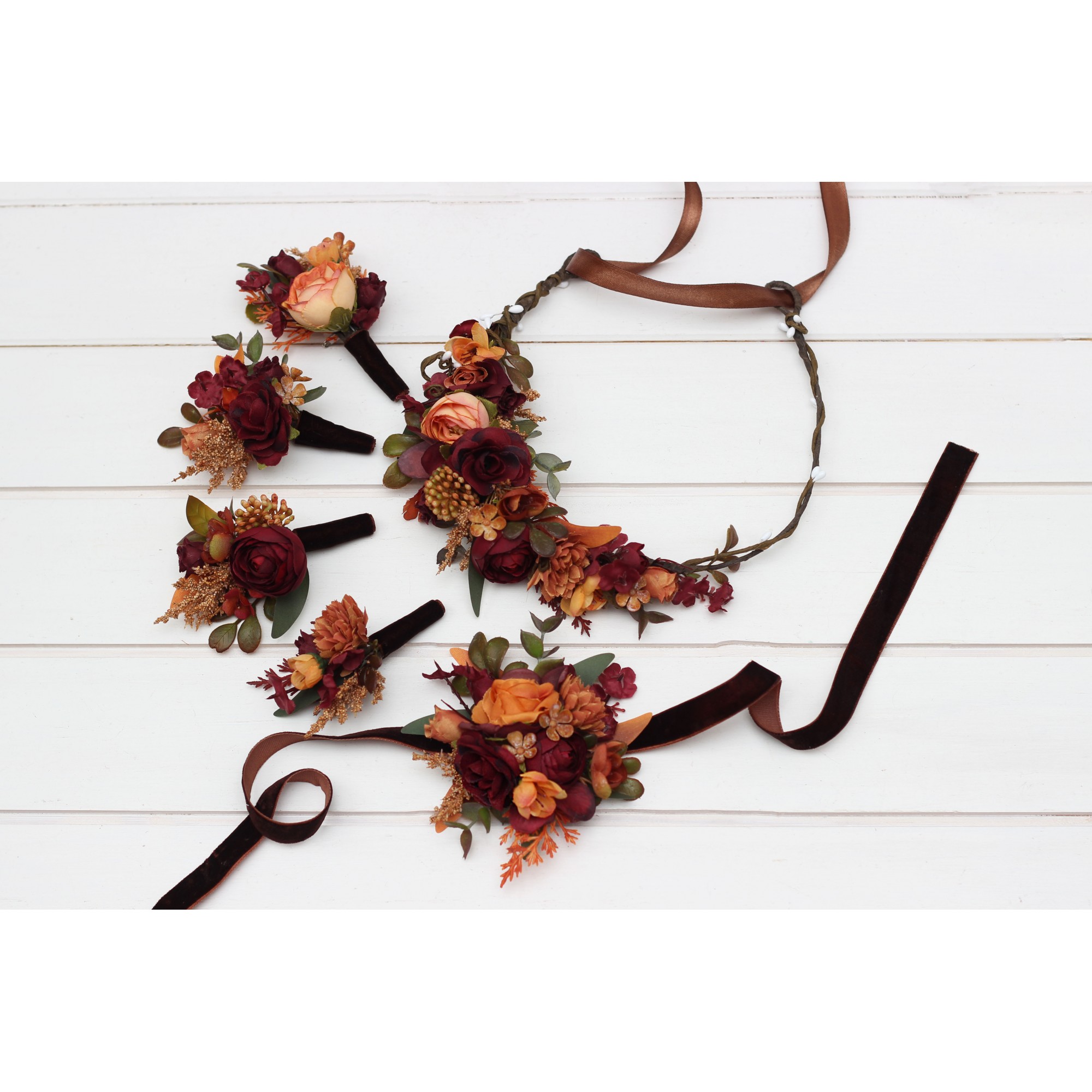 Wedding Flower Crown – Burgundy, Rust & Orange Faux Floral Hair Wreath ...