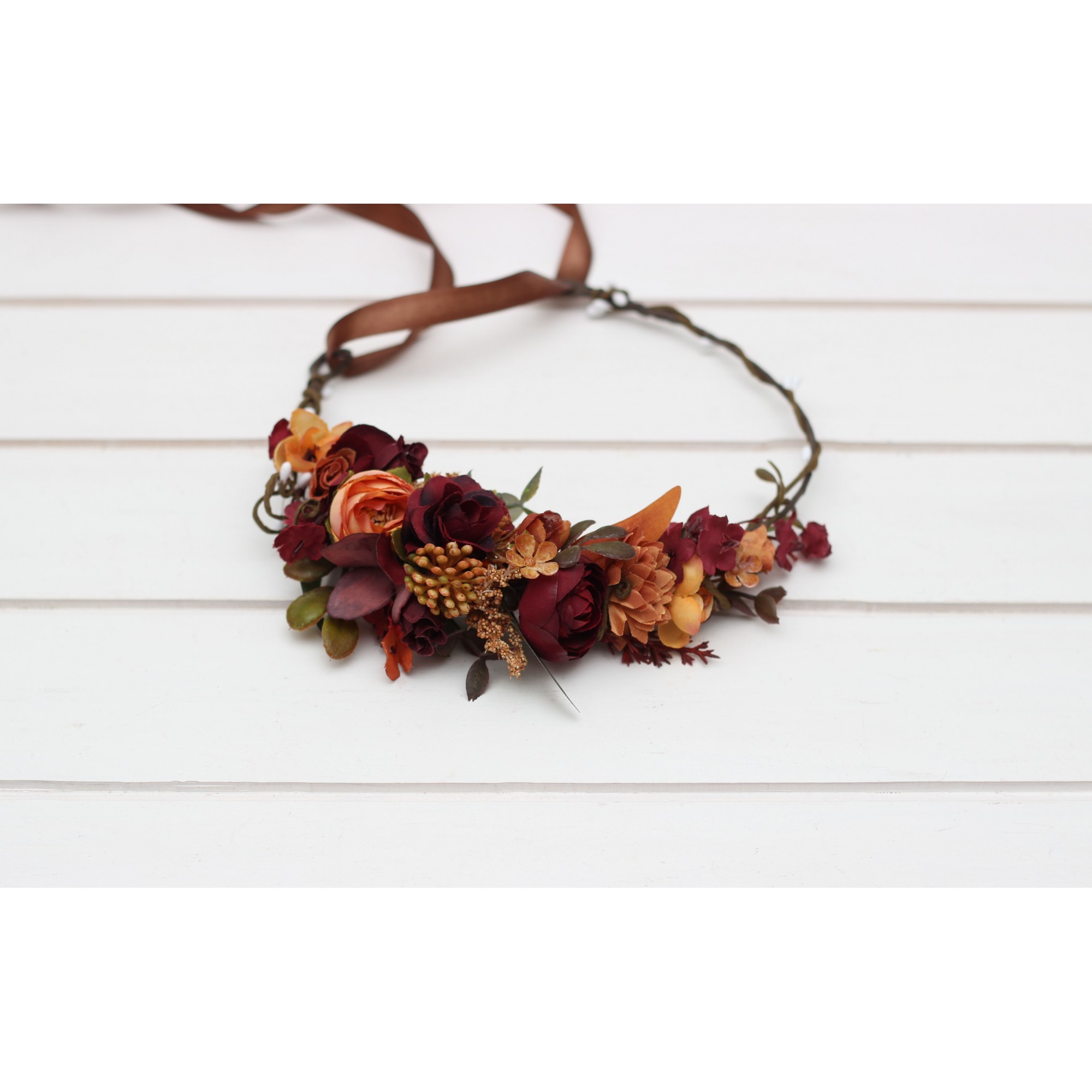 Wedding Flower Crown – Burgundy, Rust & Orange Faux Floral Hair Wreath ...