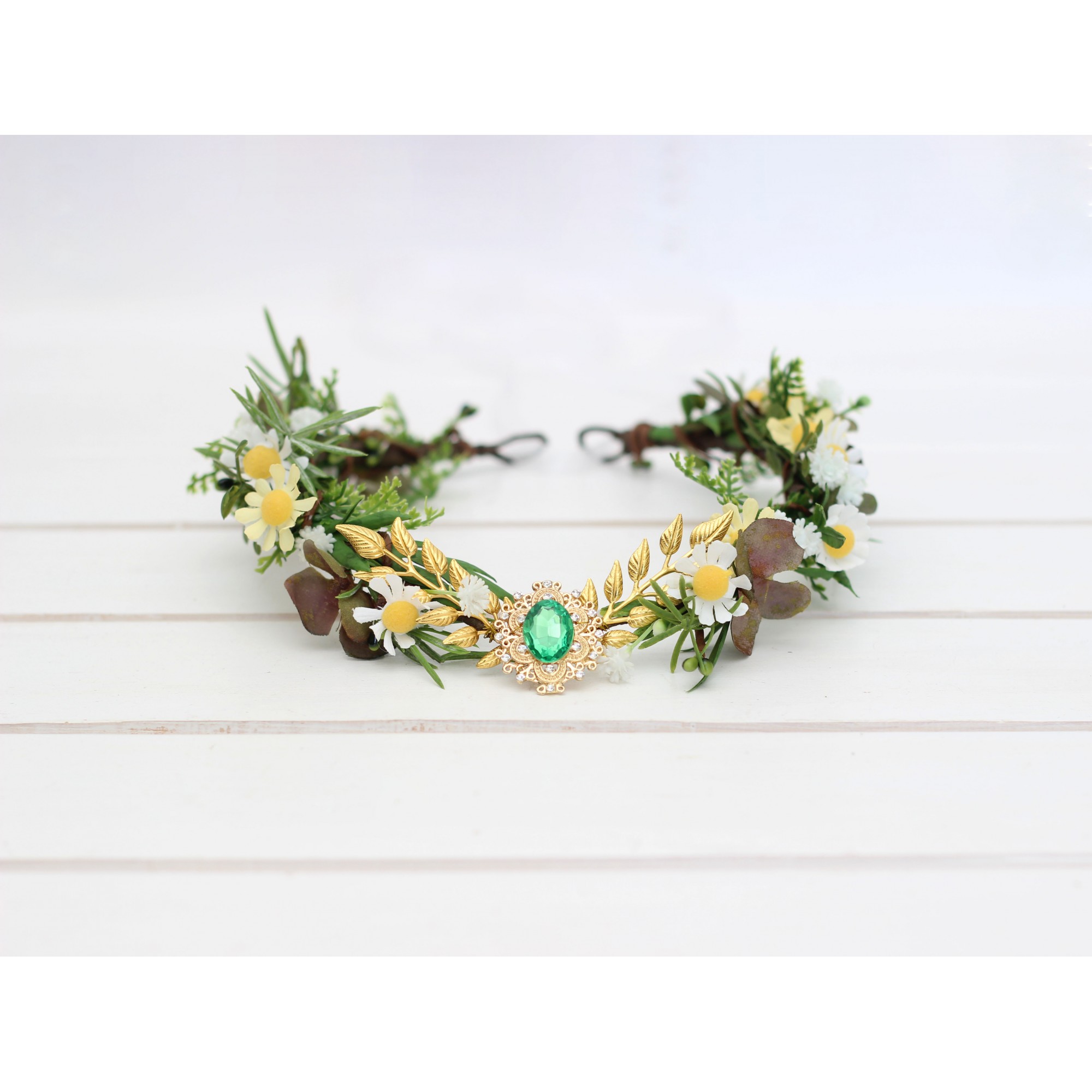 Elven Woodland Flower Crown with Daisies, Gold Twigs, and Green Gem ...