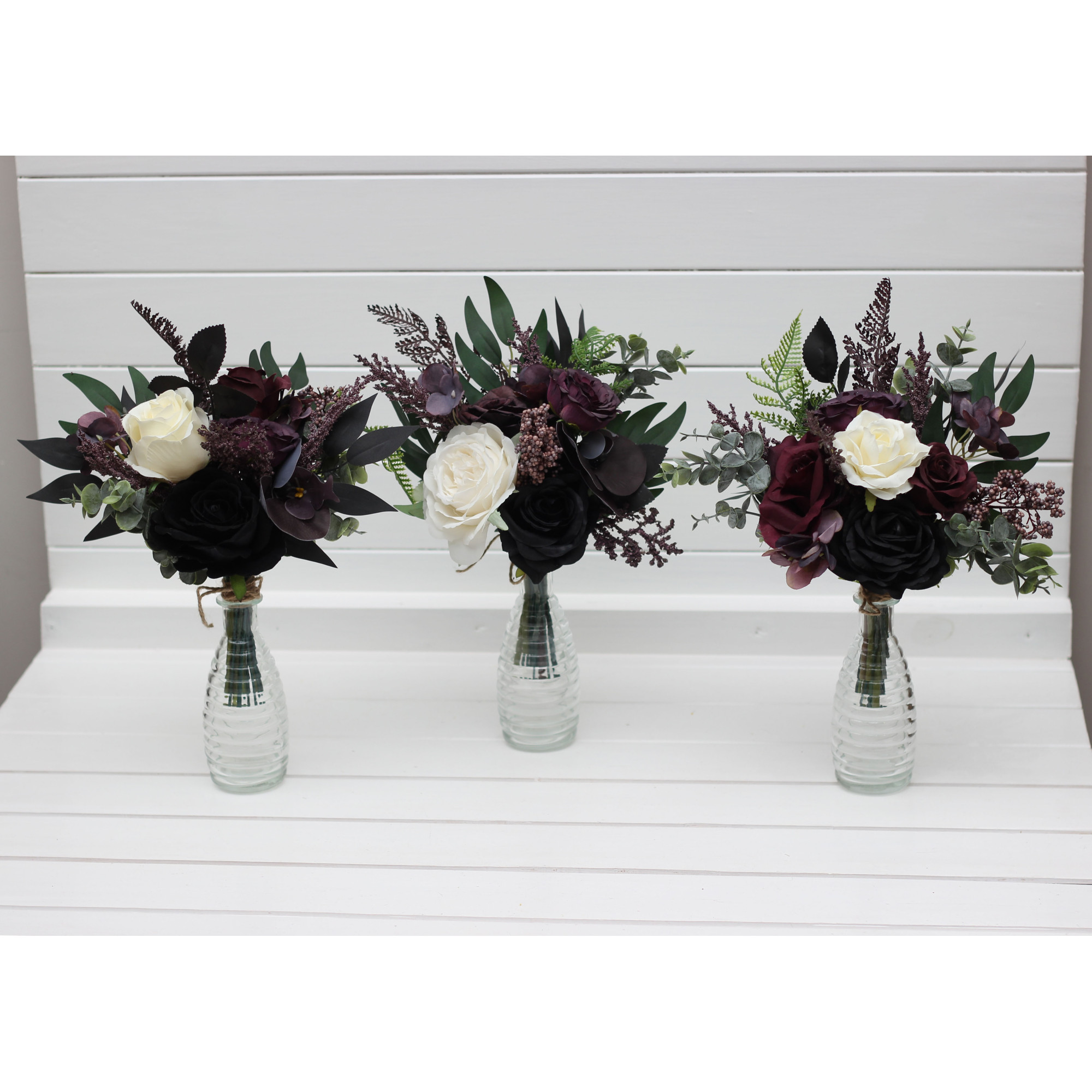 Purple & Black Mini Wedding Bouquets – Faux Centerpiece Flowers for ...